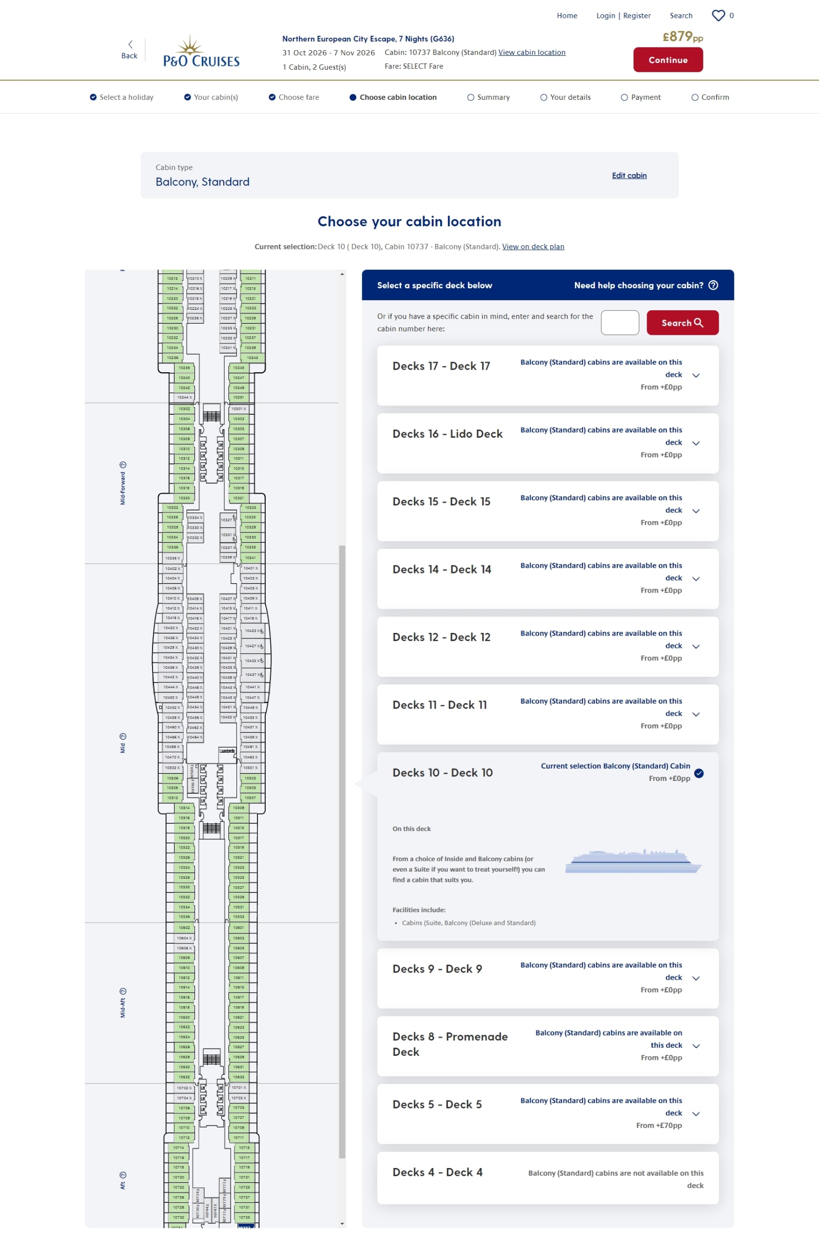 How do I compare cabins when booking a P&O Cruises holiday?
